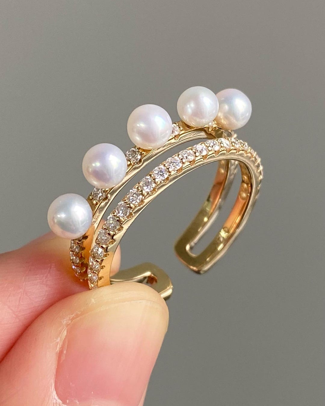 Two Row Freshwater Pearl Wedding Band, Round Cut Moissanite Engagement ...