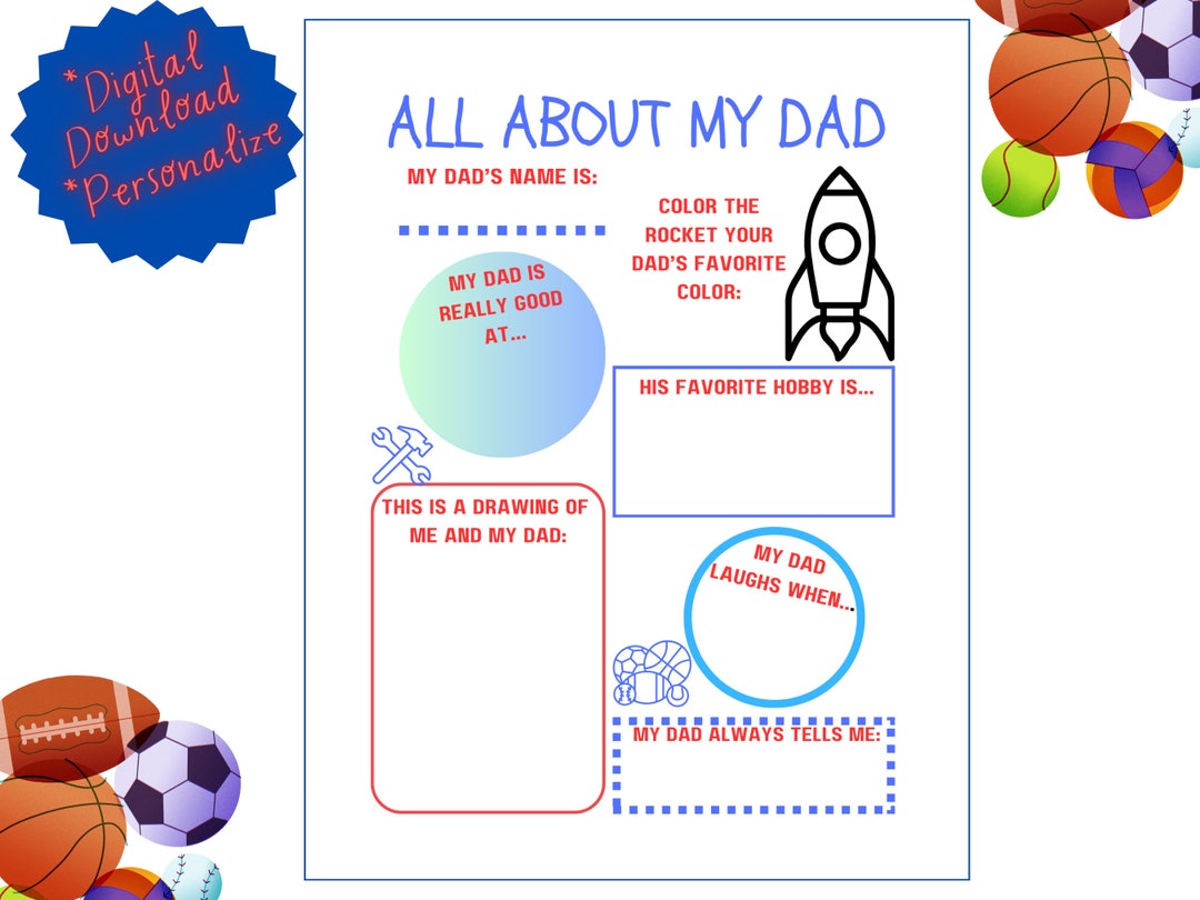 Father's Day Printable Gift, All About My Dad, Fill in Template, Father ...