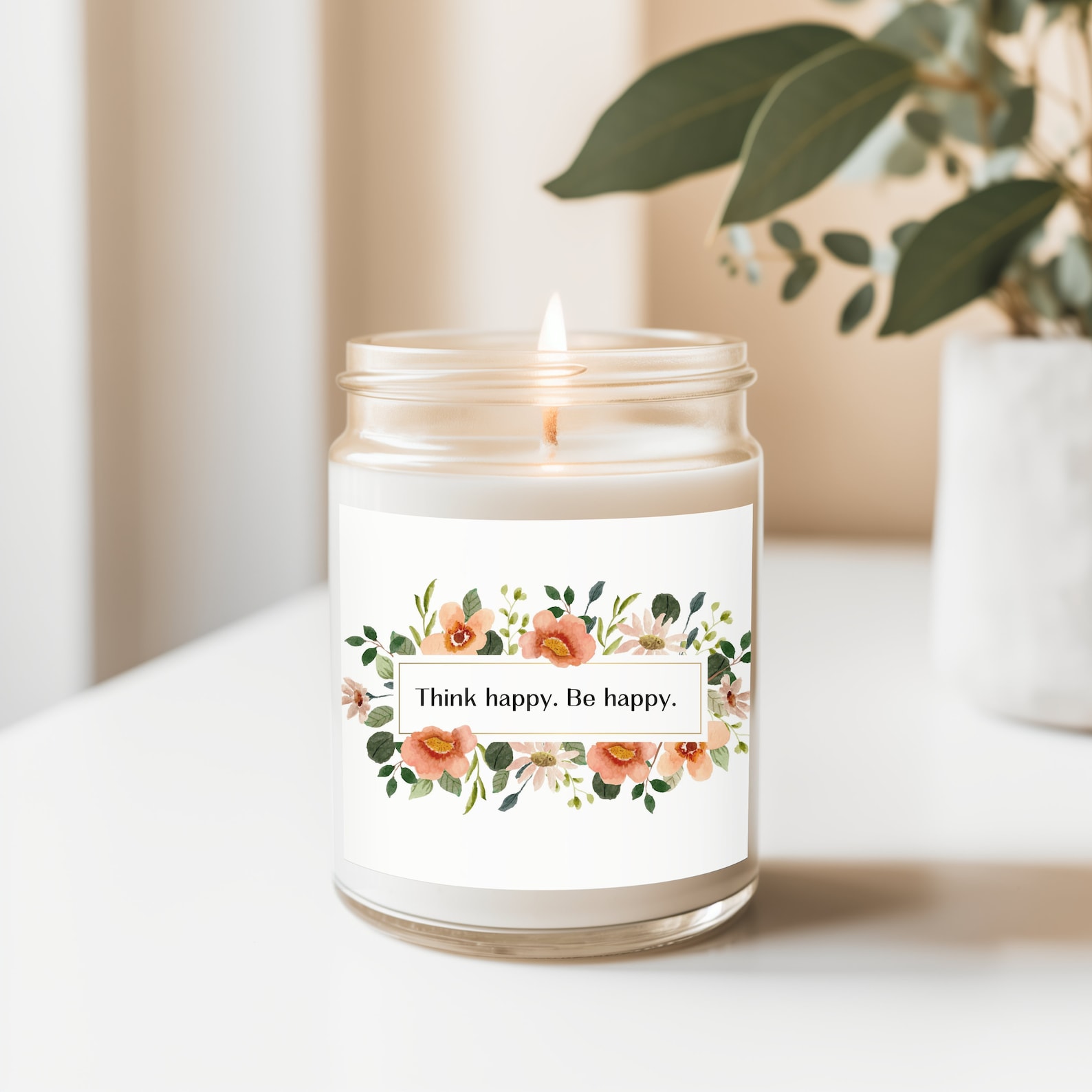 THINK HAPPY Be Happy Cute Glass Jar Candle, Scented and Unscented 9oz ...