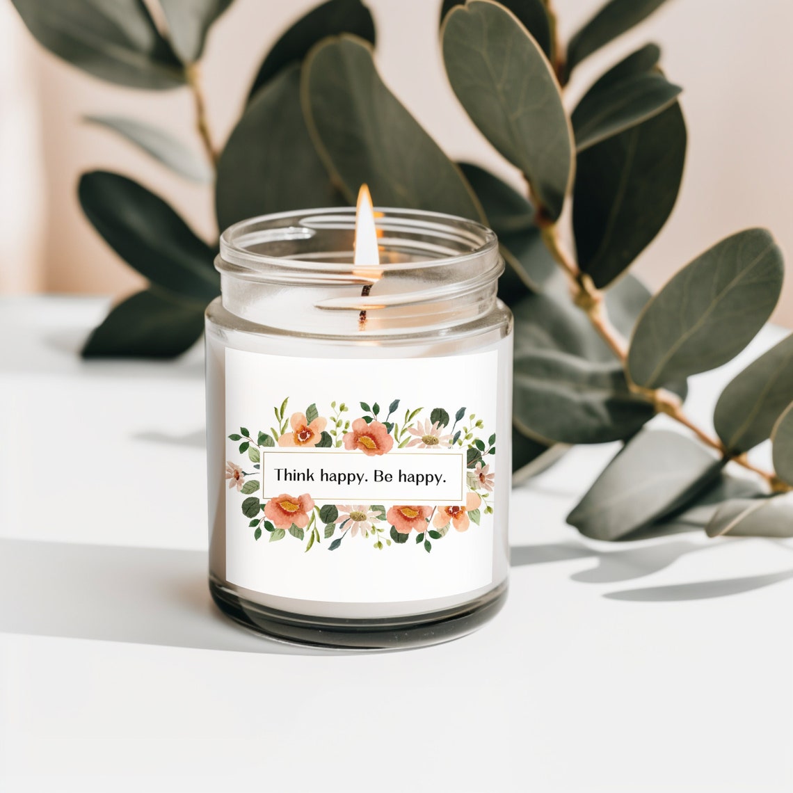 THINK HAPPY Be Happy Cute Glass Jar Candle, Scented and Unscented 9oz ...