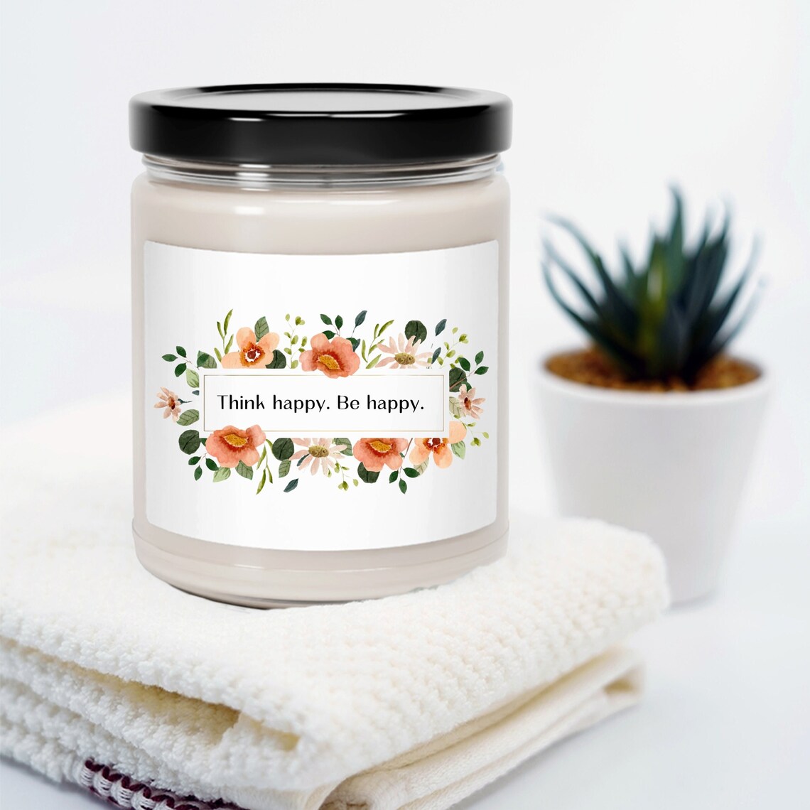 THINK HAPPY Be Happy Cute Glass Jar Candle, Scented and Unscented 9oz ...