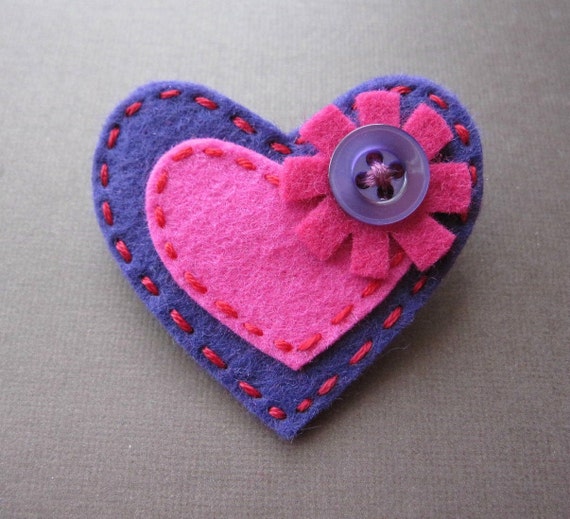 Items similar to Flowering Hearts in Purple and Pink - felt brooches on ...