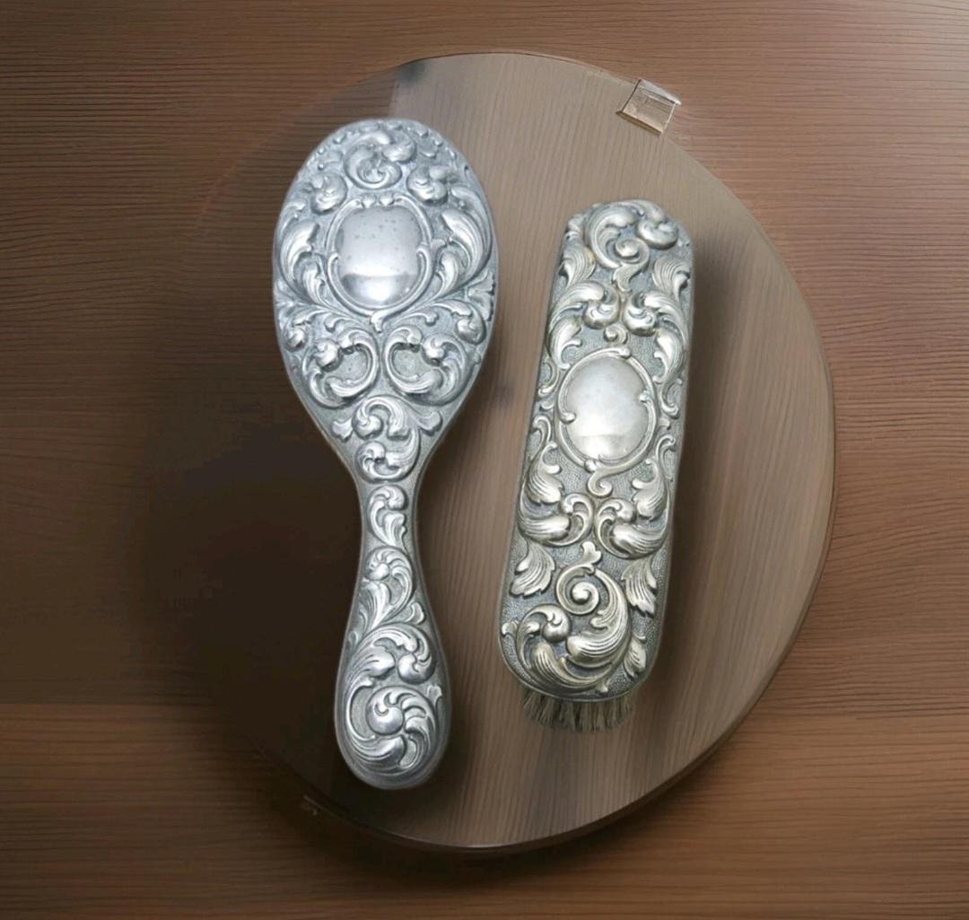 Antique Victorian Repousse Hairbrush and Cloth Brush Silver UWM Lizard ...