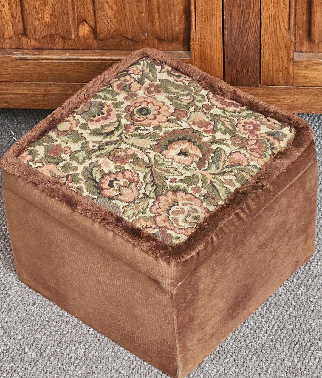 Vintage 60s Brown Velour Ottoman: Floral Tapestry Storage Footstool - Etsy