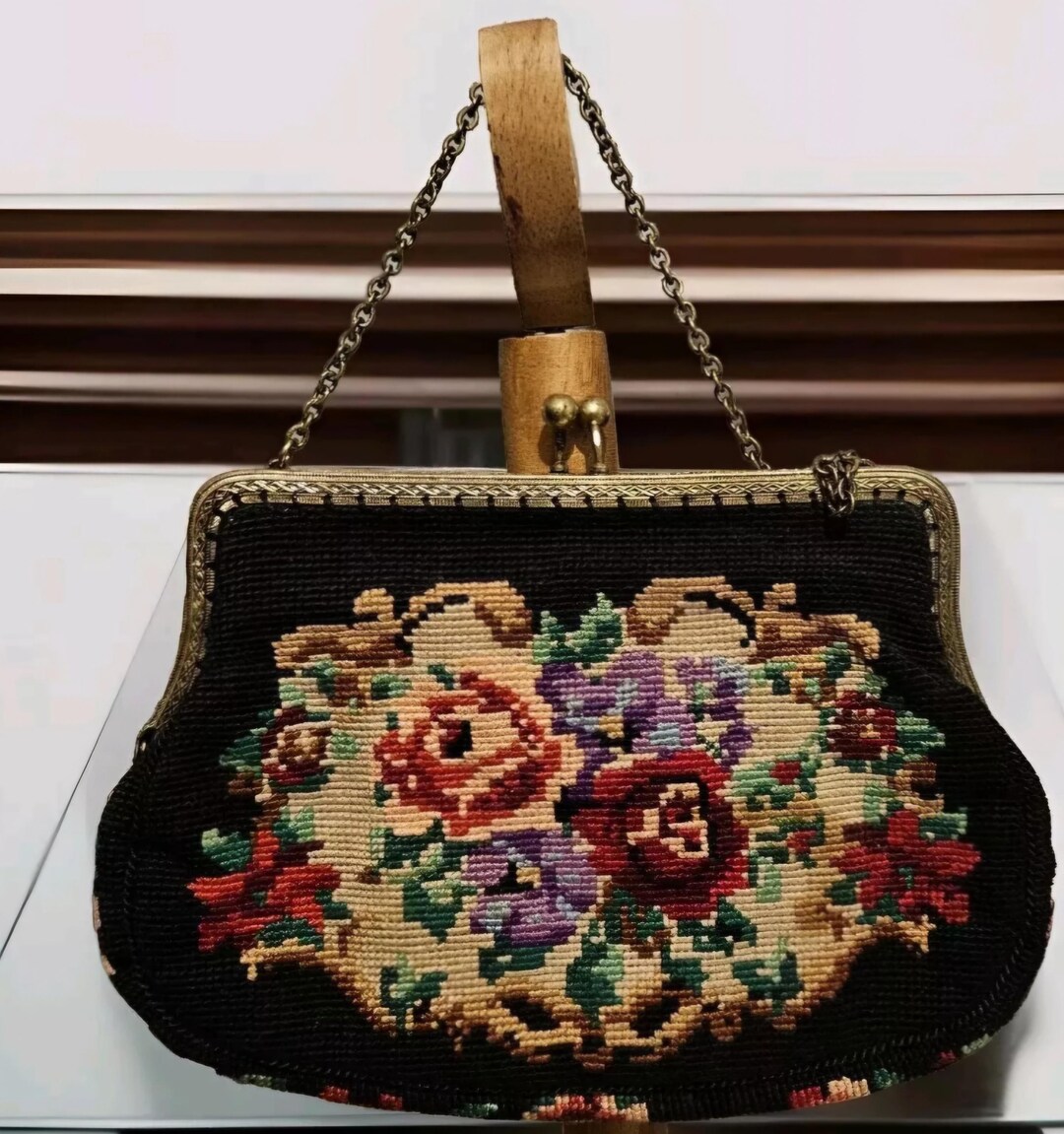 Antique French Handmade Petite Point Needlepoint Purse Twist Turn ...