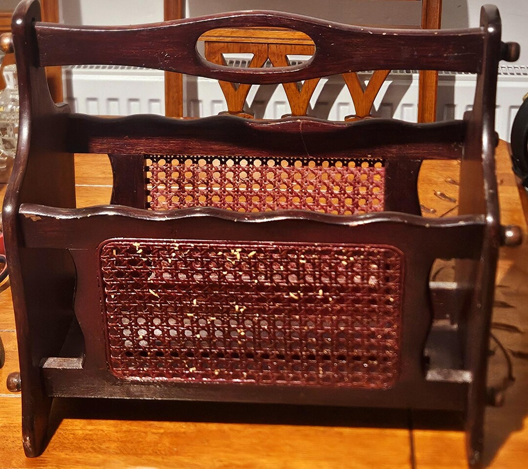 Vintage Oak Wood Wicker Rattan Cane Magazine Rack | Book & Record ...