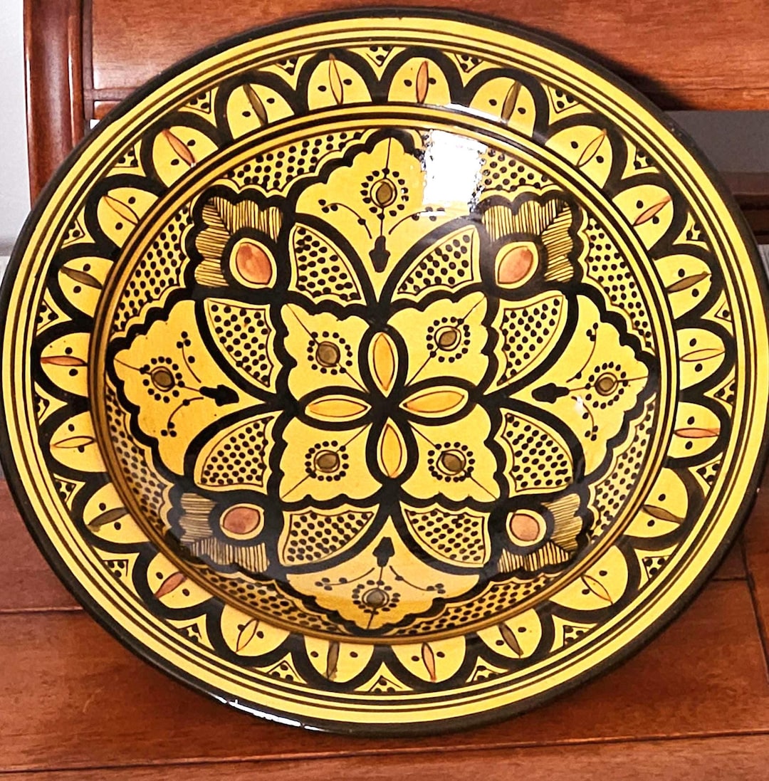 Assif Safi Moroccan Pottery Bowl: Yellow & Black Floral Centerpiece - Etsy