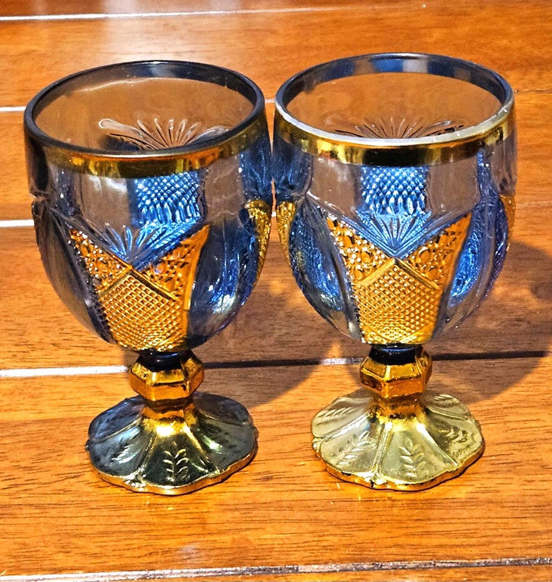 Vintage Rare Blue & Gold Flashed Cut Glass Goblets, European Art ...