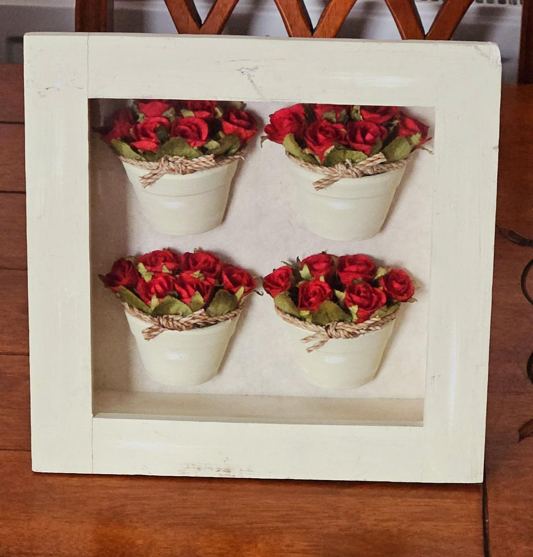 Vintage 3D Shadow Box Distressed White Wood Wall Art 4 Pots With Red ...