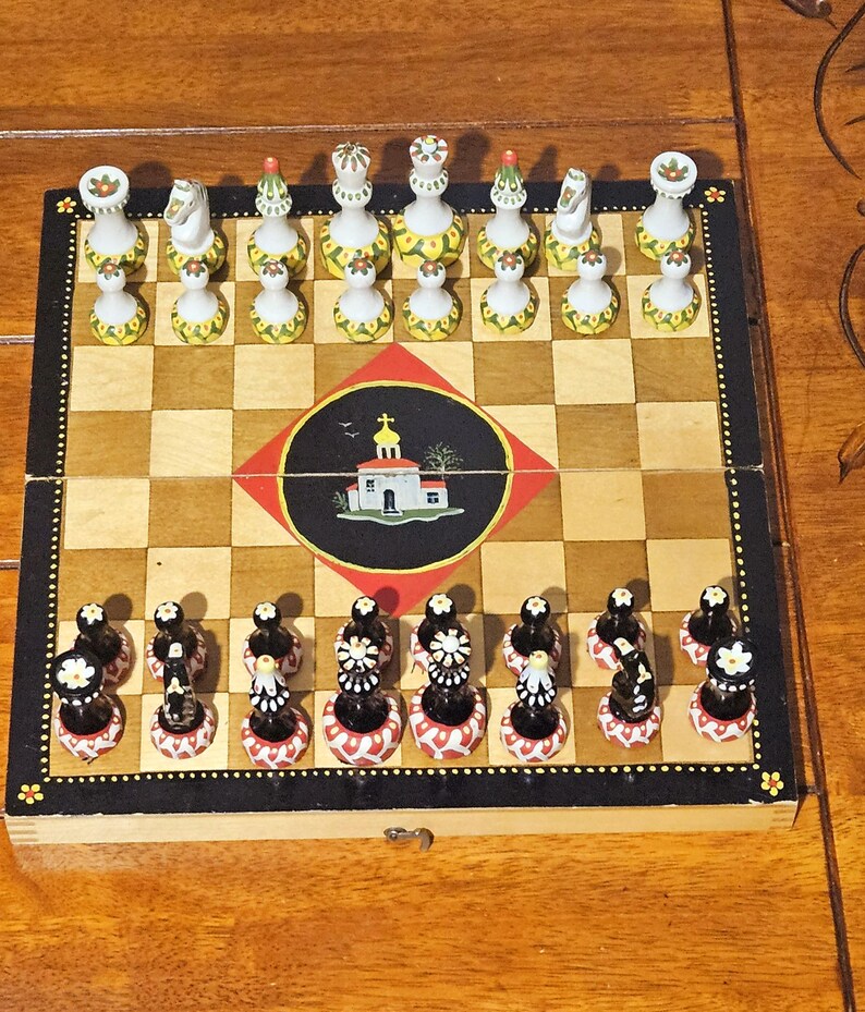 Vintage Floral Folk Art Chess Set Hand Painted Wood Flowers Church ...
