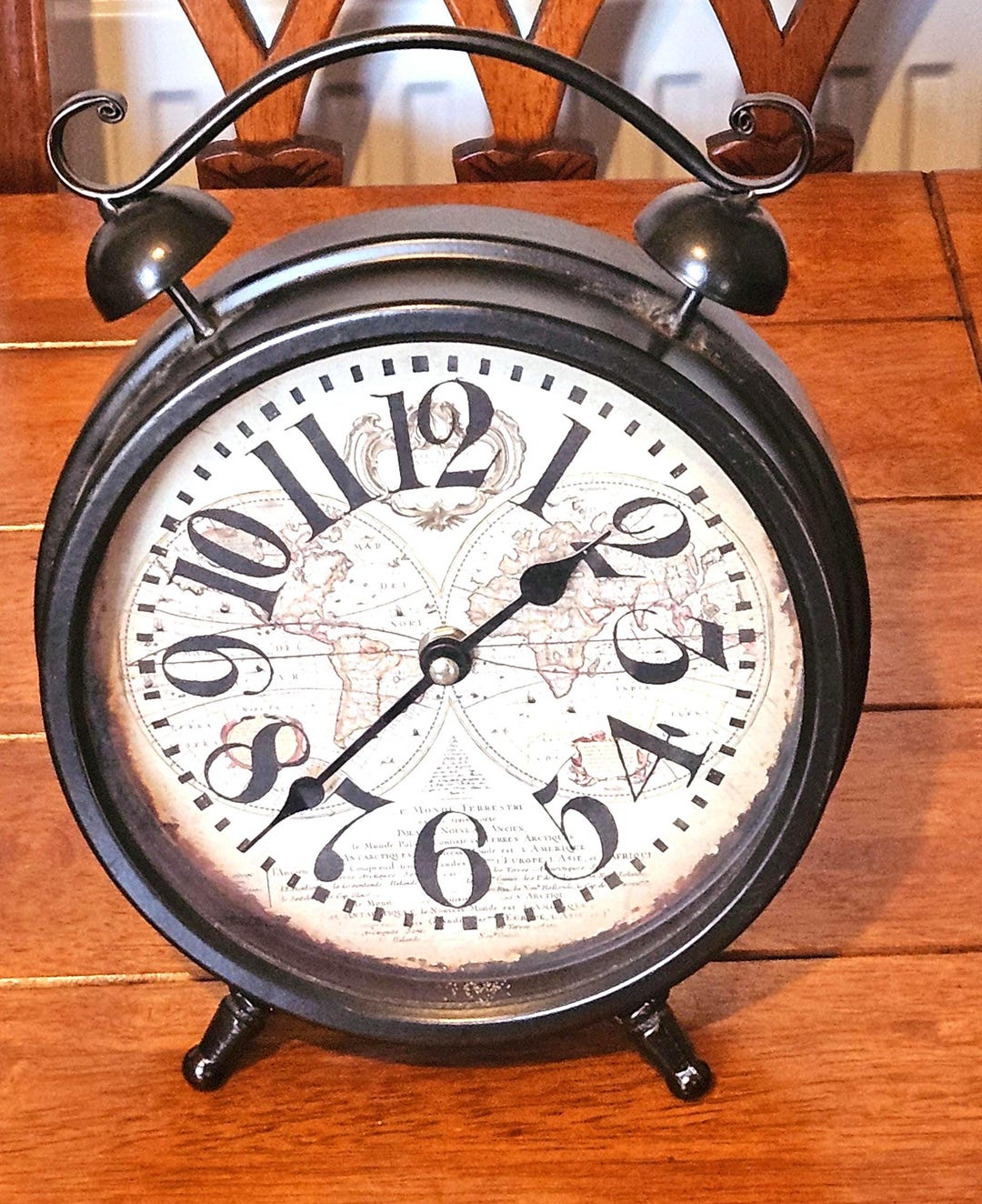 Vintage-style Black Metal Clock Distressed Finish World Map Home Decor ...