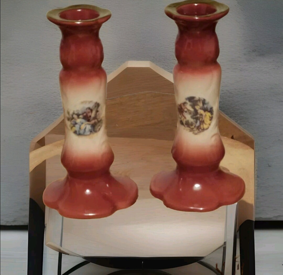 Pair of Staffordshire Old Court Ware Candlesticks Courting Couples 18 ...