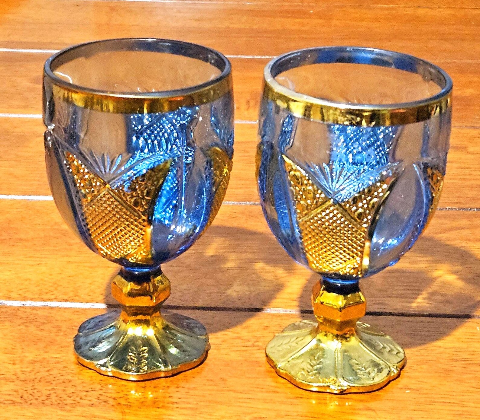 Vintage Rare Blue & Gold Flashed Cut Glass Goblets, European Art ...