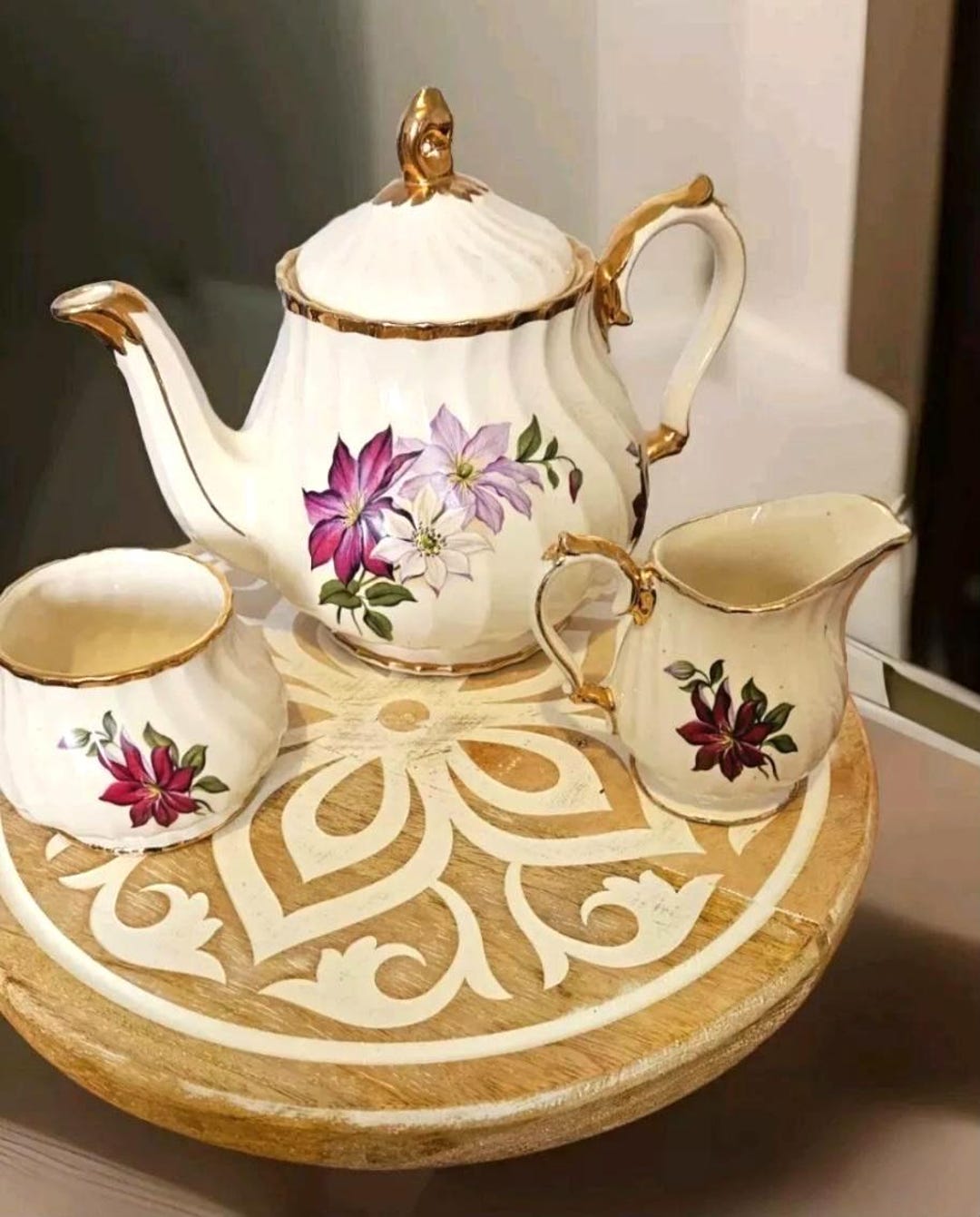 Vintage Sadler Tea Set Purple Rose Bone China Teapot,creamer and Sugar ...