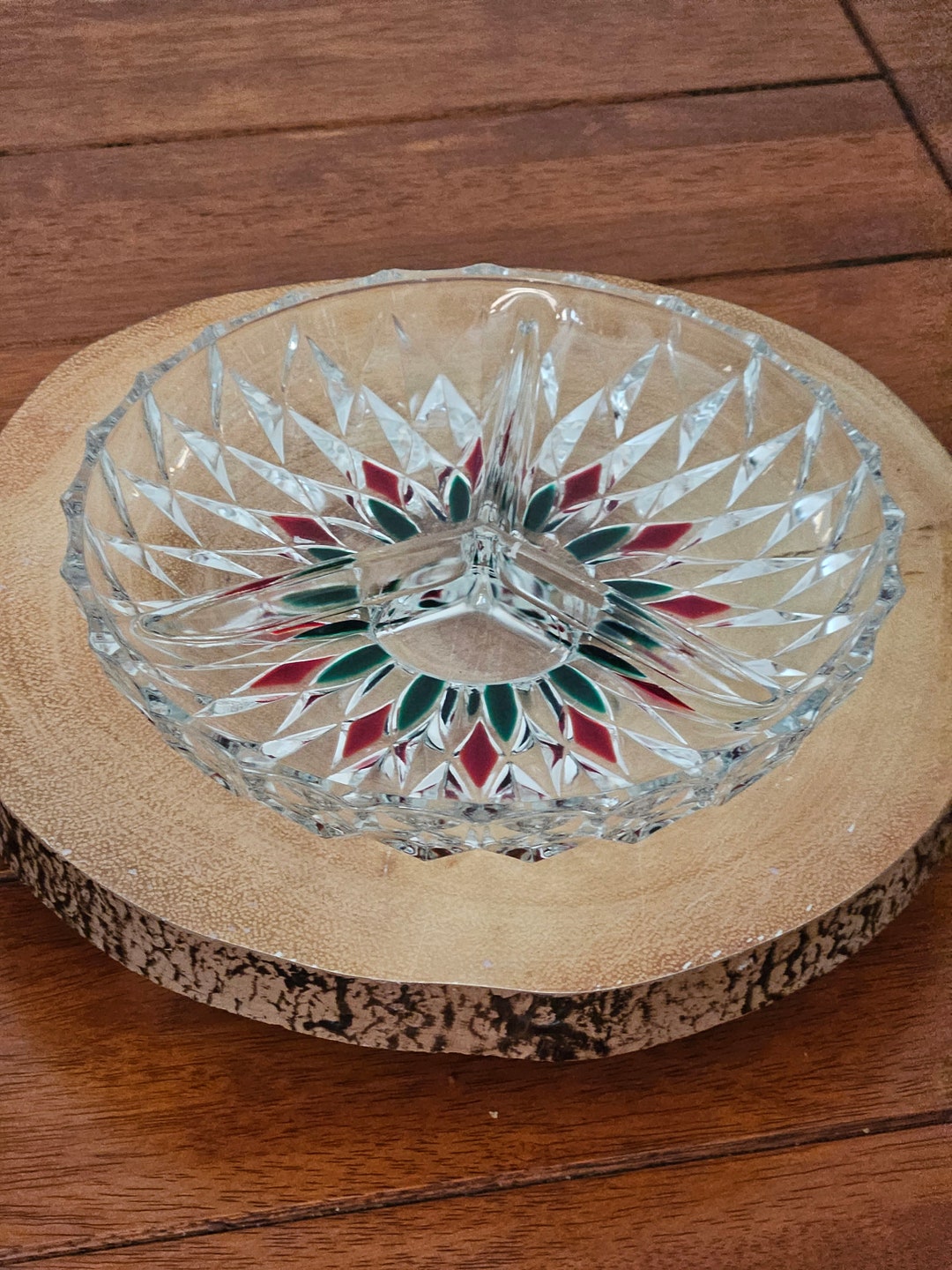 Vintage Crystal Cut 3 Part Round Relish Candy Dish With Red and Green ...