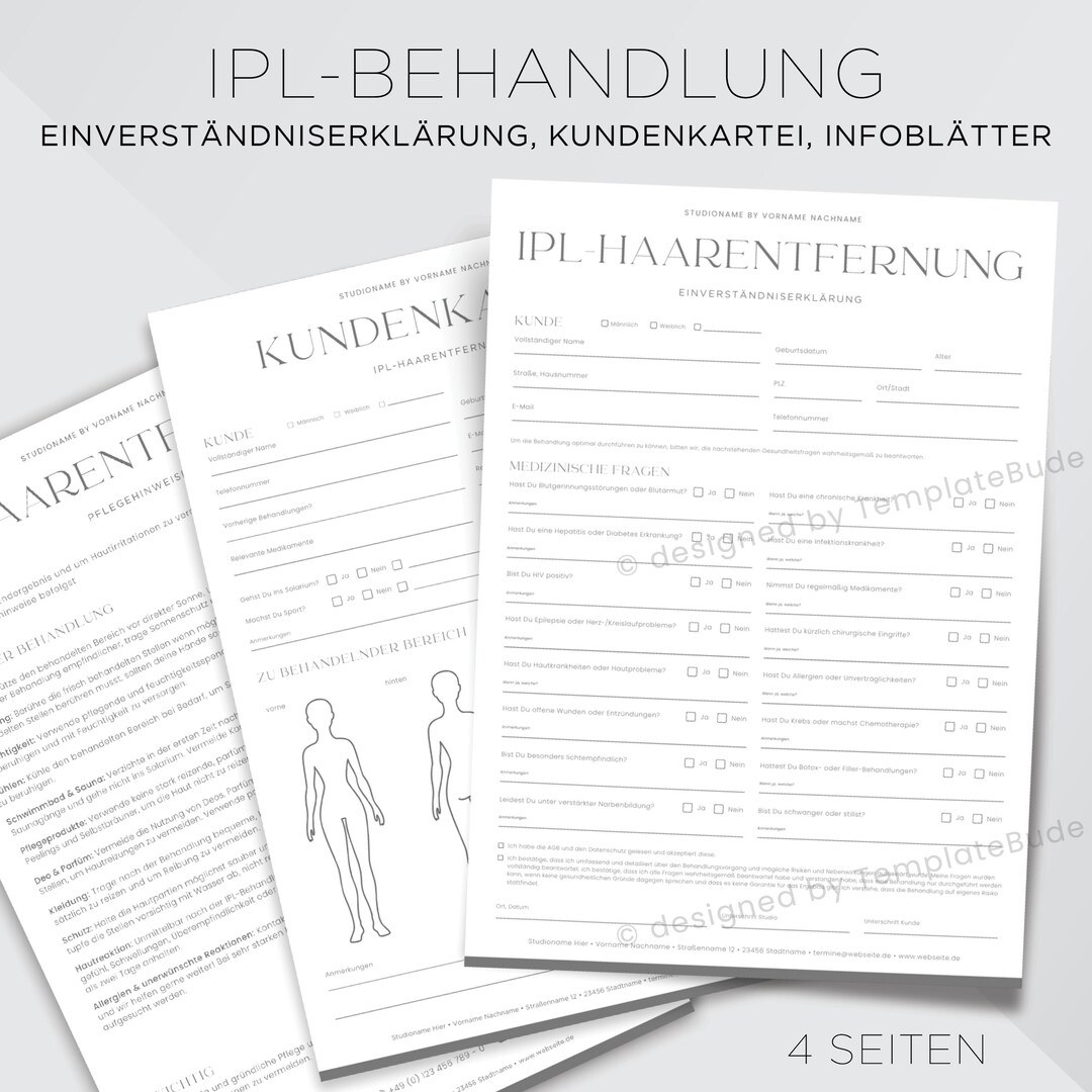 Consent Form for IPL Hair Removal, Care Instructions, Customer File ...