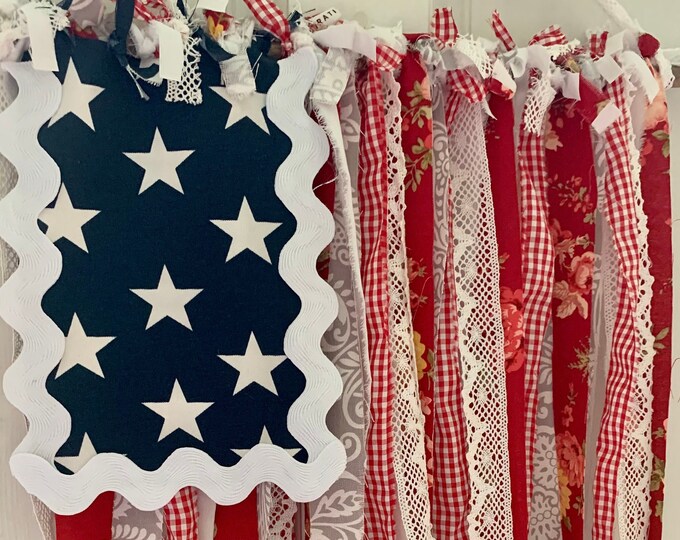 Boho, Shabby Chic Rag Flag Patriotic Fabric and Lace American Flag Rag ...