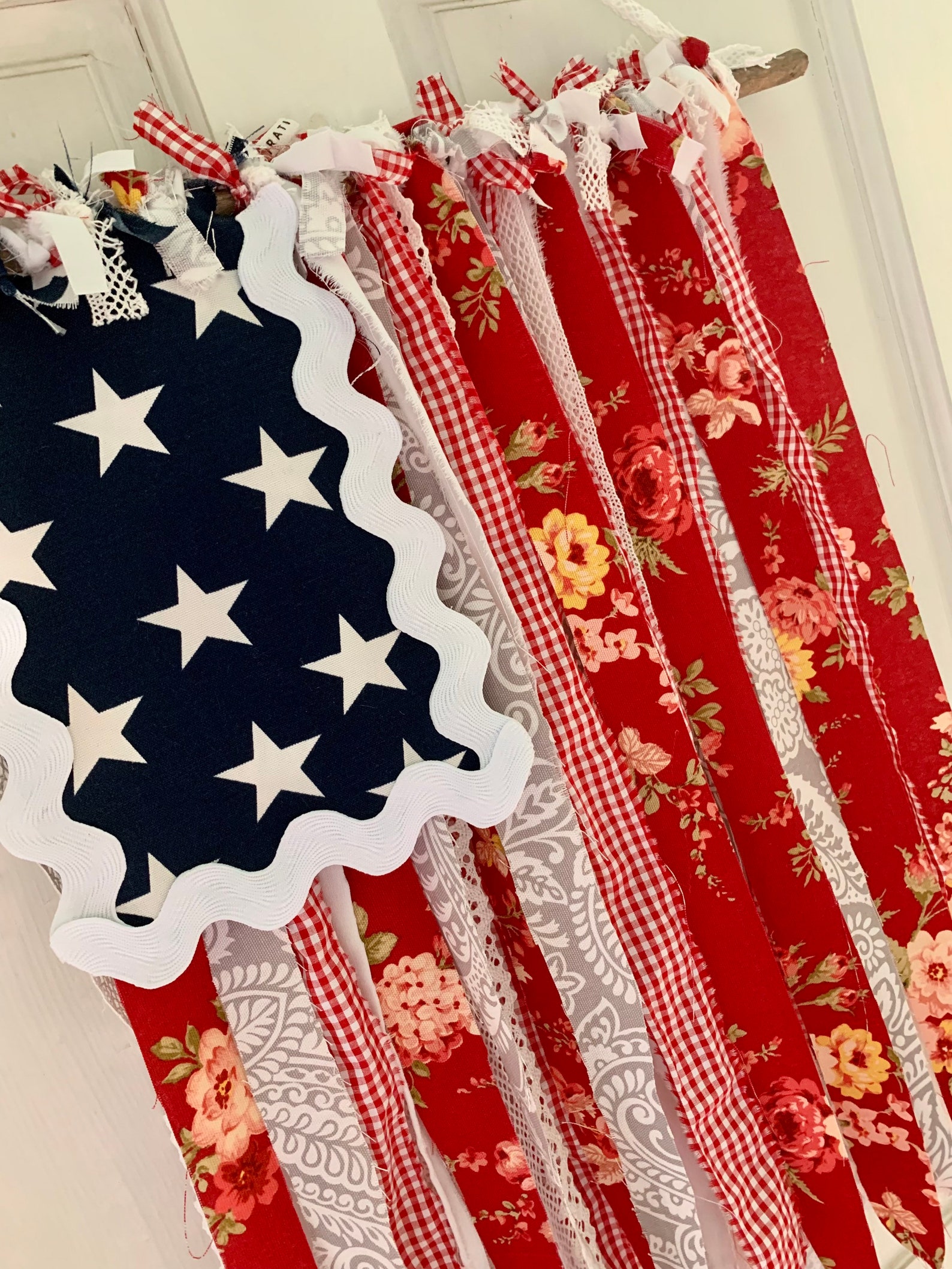 Boho, Shabby Chic Rag Flag Patriotic Fabric and Lace American Flag Rag ...
