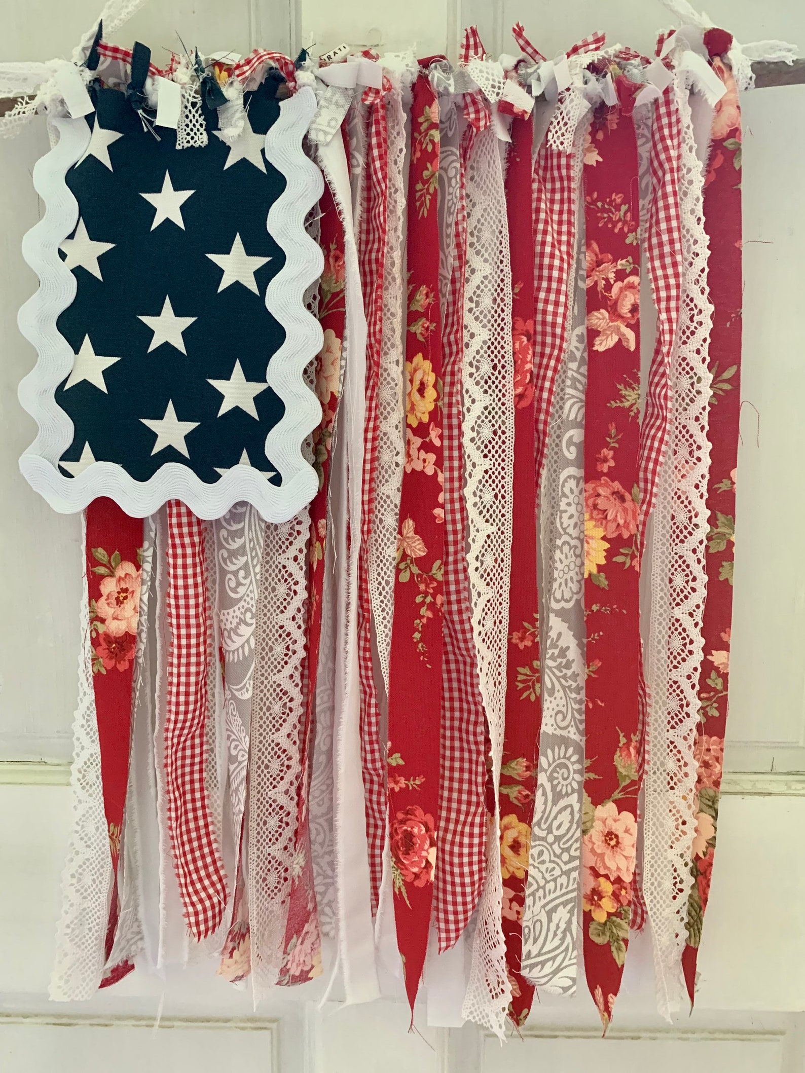 Boho, Shabby Chic Rag Flag Patriotic Fabric and Lace American Flag Rag ...