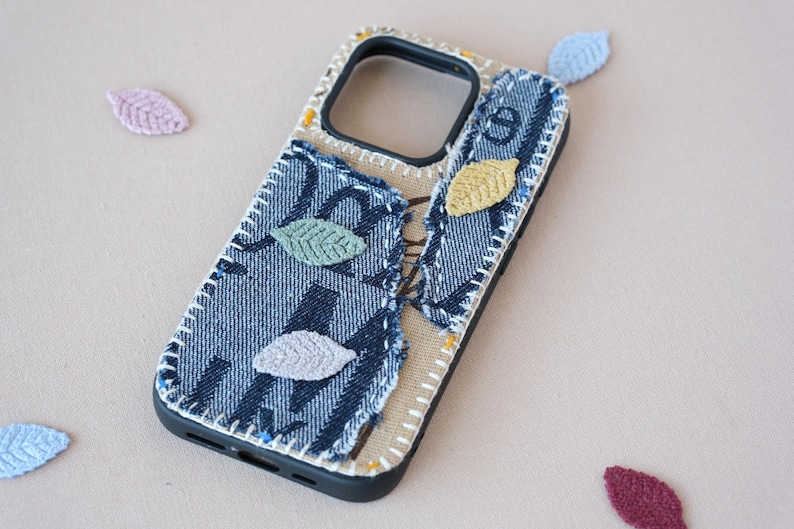 Embroidered Patchwork Cloth Phone Case, Handmade Sewn Denim Linen ...