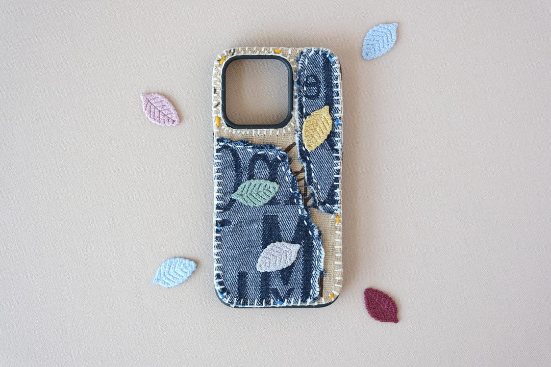 Embroidered Patchwork Cloth Phone Case, Handmade Sewn Denim Linen ...