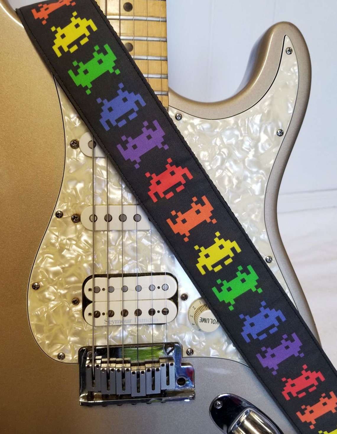 Retro Gamer Aliens on Black Guitar Strap | Etsy