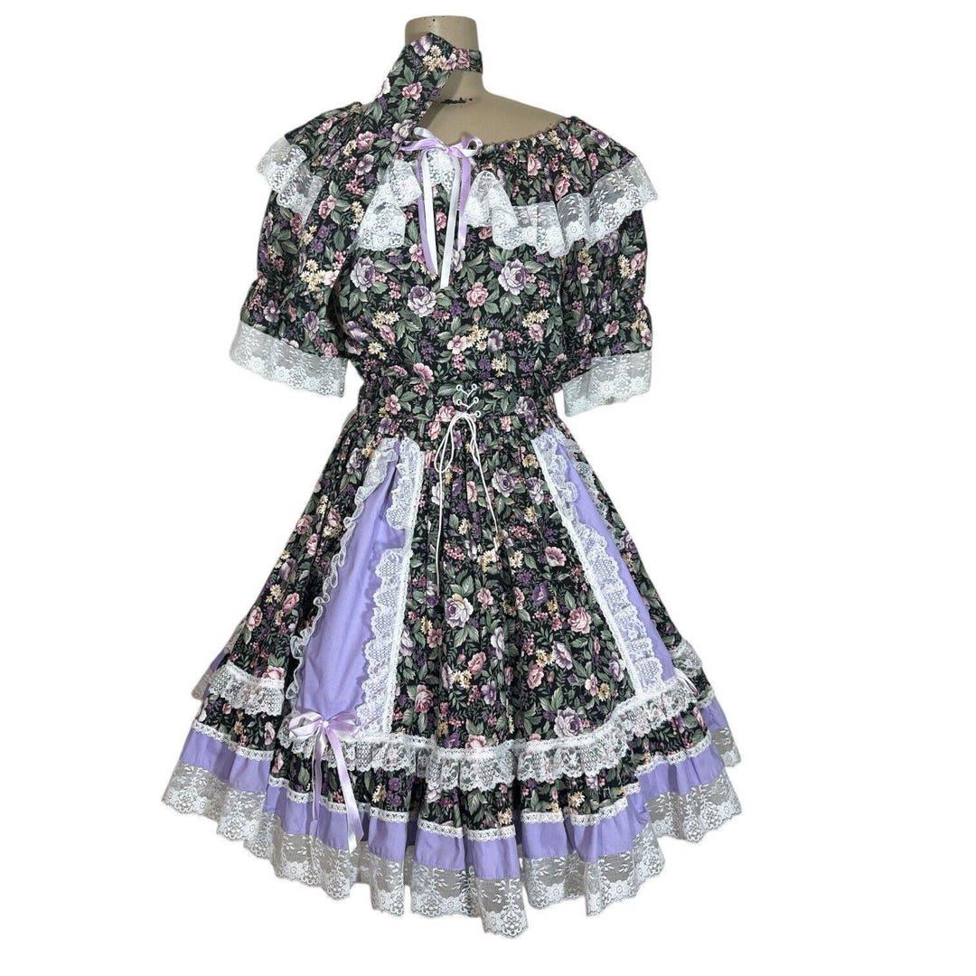 VTG Fun Fancy Floral Black Lavender Purple Square Dance Dress Romantic ...