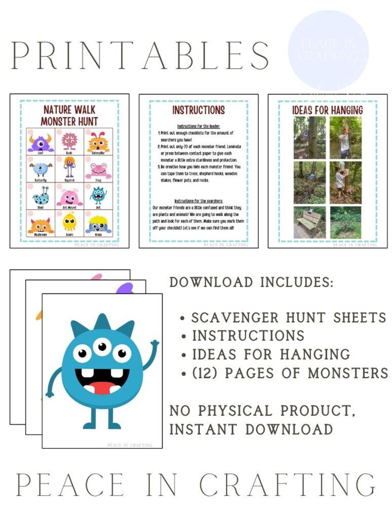 Scavenger Hunting Printable Kids, Nature Walk Monster Hunt, Monster ...