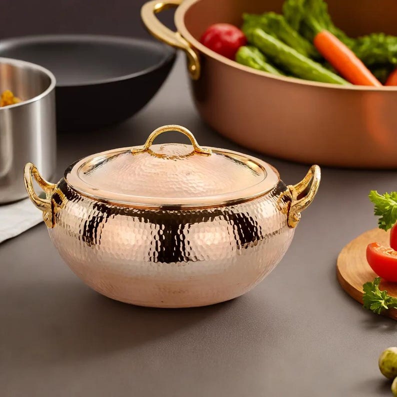 Handcrafted Hammered Copper Casserole Set With Brass Handles Elegant ...