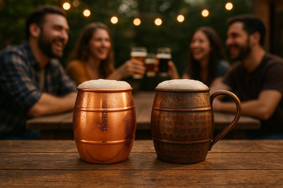 Handmade Copper Beer Mug Set: Polished Barrel Mugs With Brass Handles ...