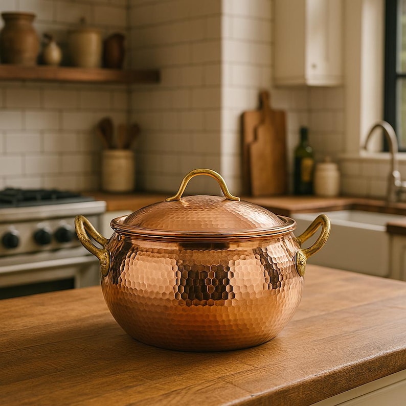 Handcrafted Hammered Copper Casserole Set: Brass Handle Cookware - Etsy