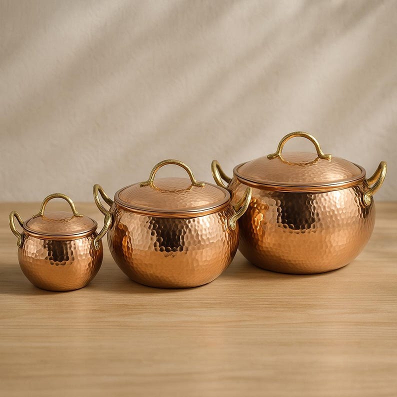 Handcrafted Hammered Copper Casserole Set: Brass Handle Cookware - Etsy
