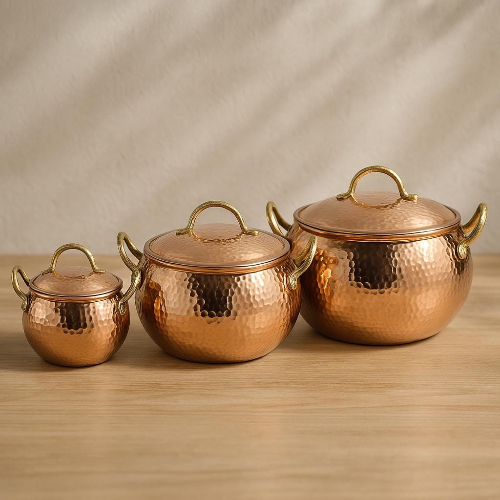 Handcrafted Hammered Copper Casserole Set: Brass Handle Cookware - Etsy