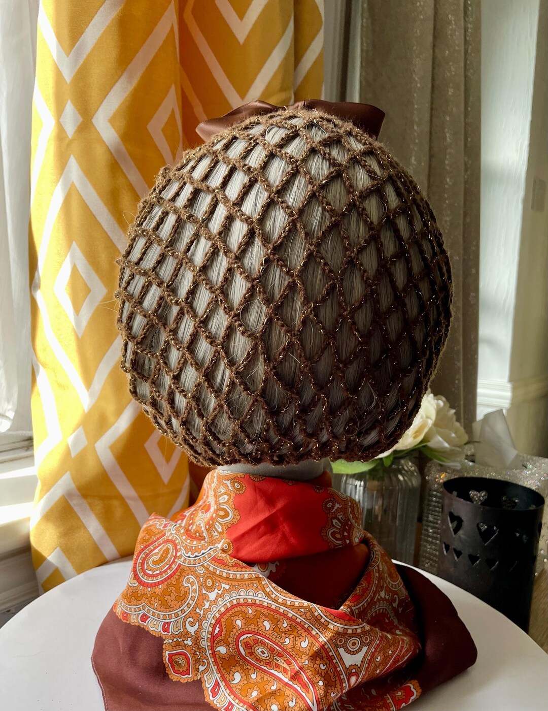 Brown and Gold Sparkle 1940s Style Hair Snood. Retro Ribbon Elasticated ...