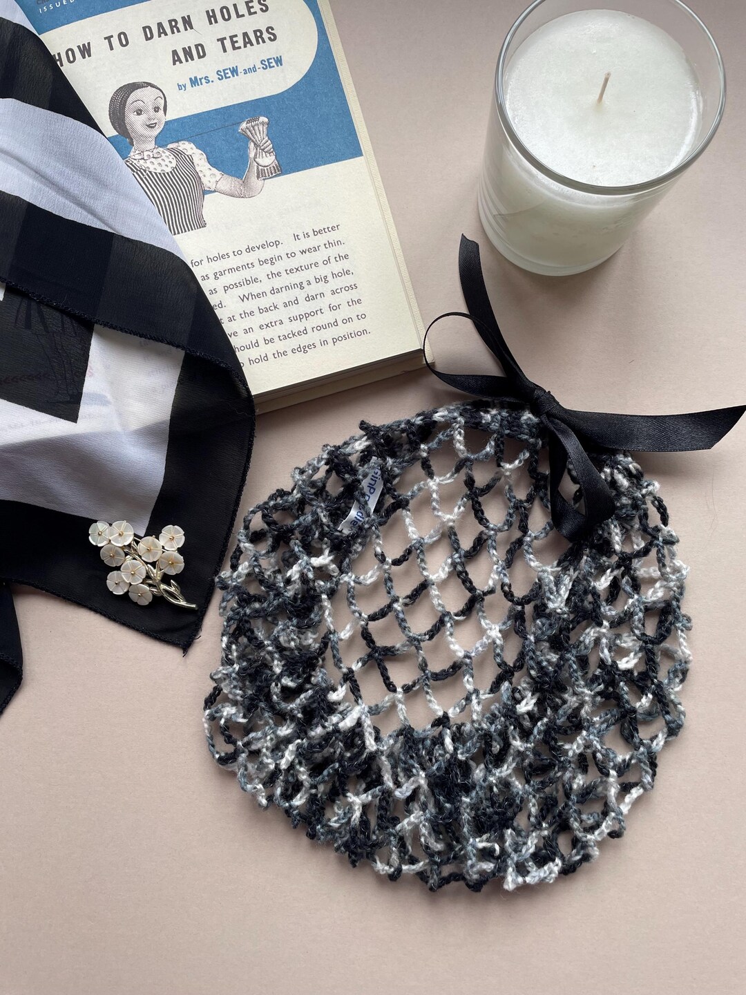 Monochrome 1940s Style Retro Ribbon Snood Hairnet - Etsy