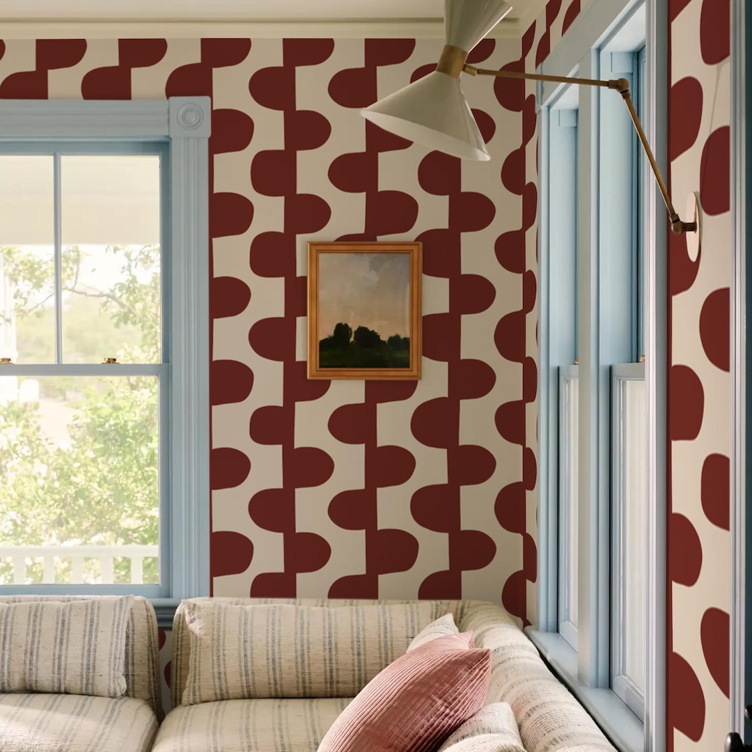 Vintage Playful Striped Oxblood and Tan Wallpaper, Peel and Stick ...