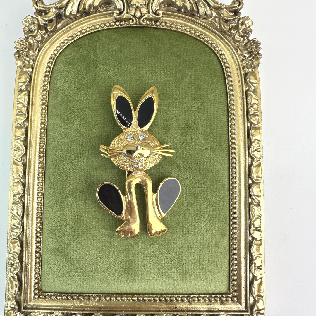 Vintage Gold Tone Rabbit Brooch With Black Enamel and Rhinestones - Etsy
