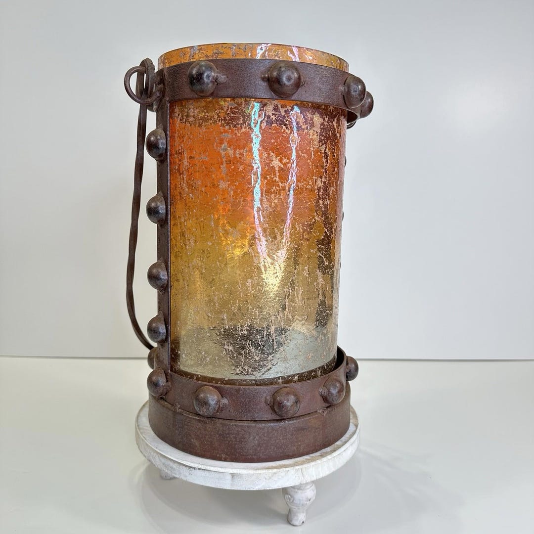Large Wrought Iron Amber Glass Mediterranean Style Hurricane Lamp - Etsy