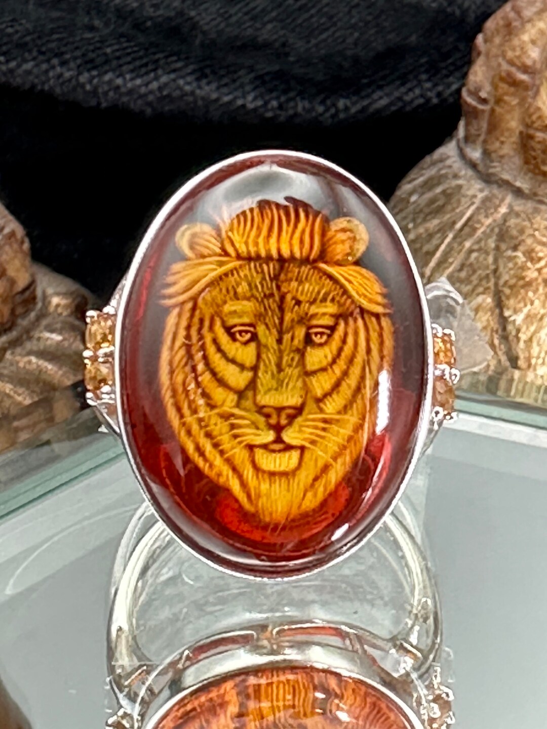 Vintage reverse Intaglio Amber Lion Head Sterling Silver Ring - Etsy