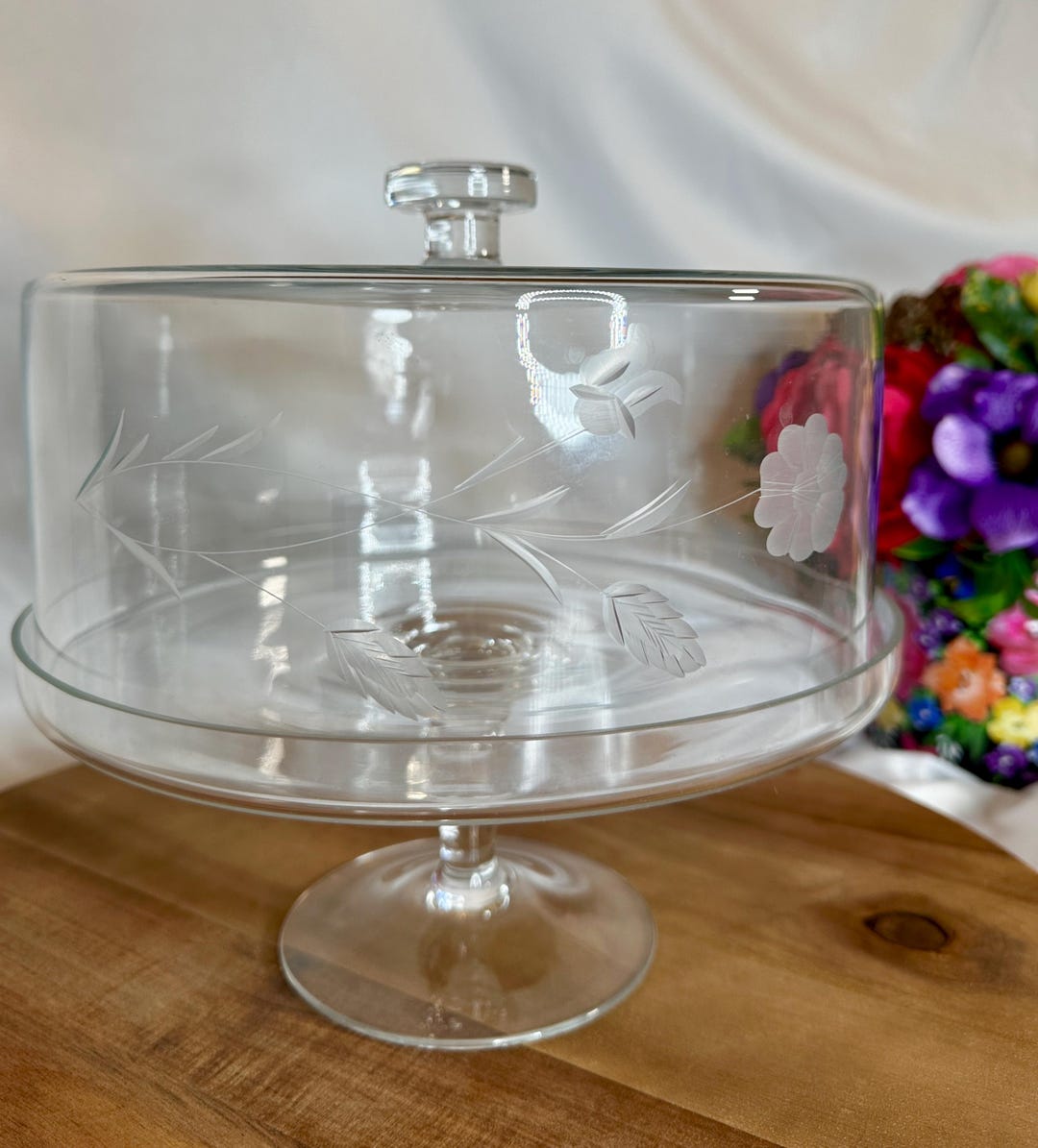 Vintage Glass Pedestal Cake Stand With Etched Floral Designed Lid - Etsy