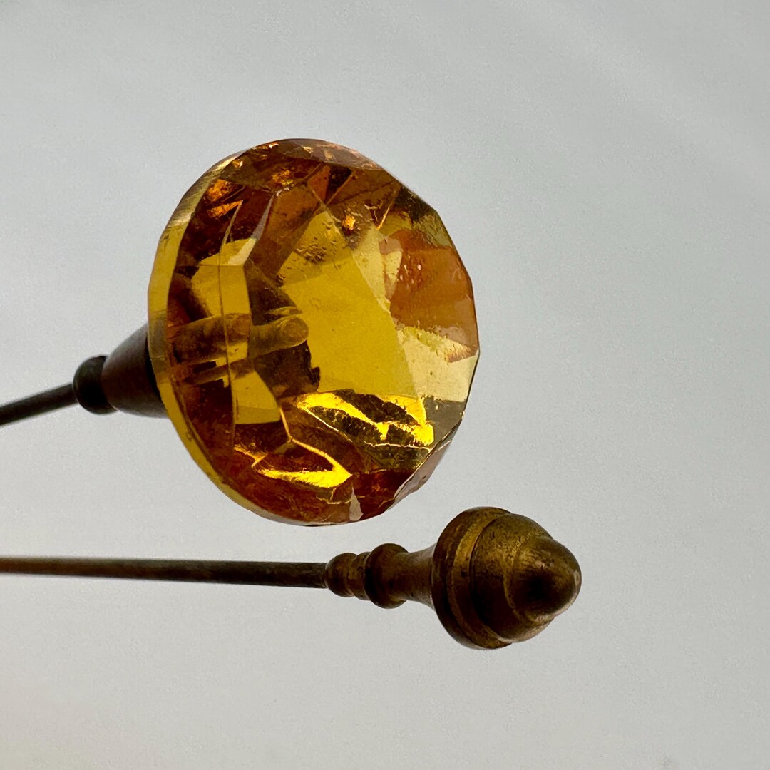 Antique Hat Pins Amber Glass and Brass Finial Pair Victorian Edwardian ...