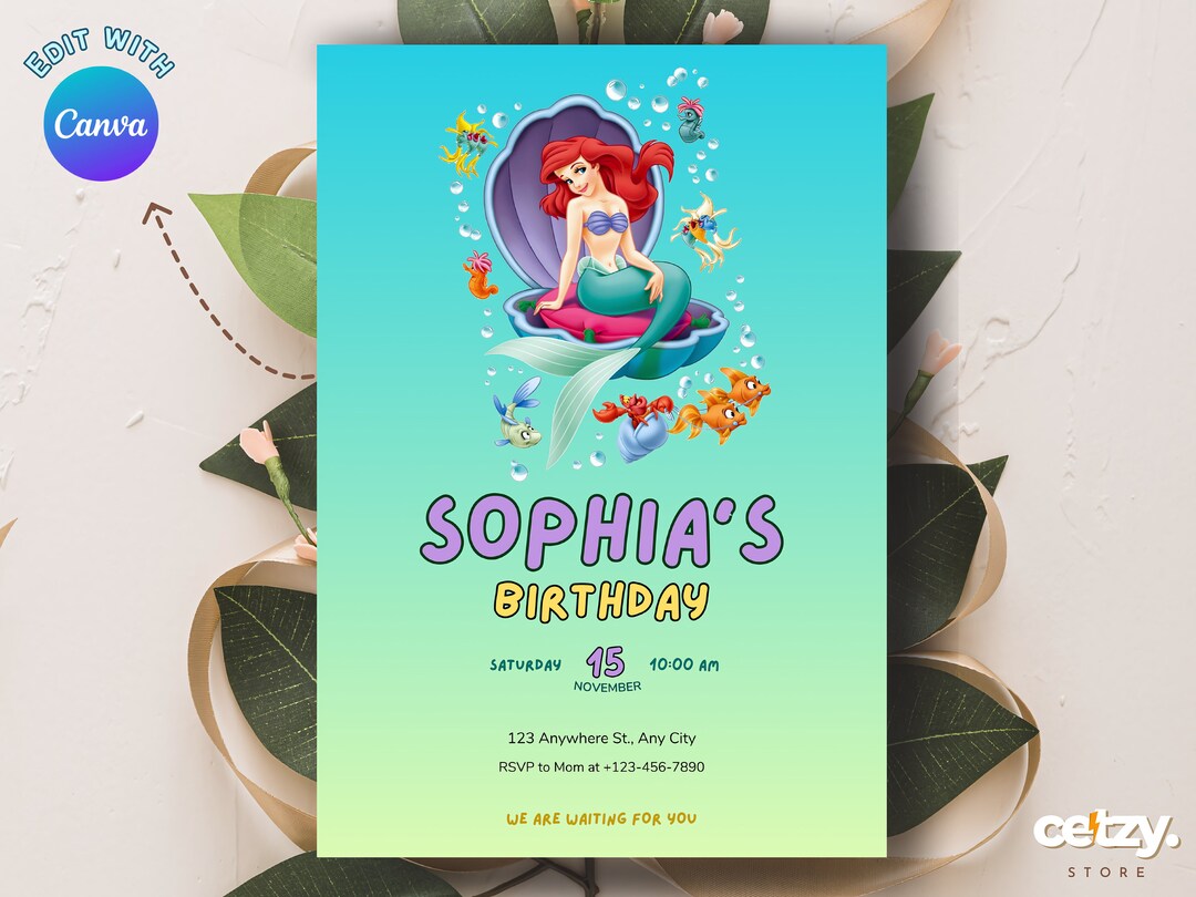 Editable Ariel Birthday Invitation, Ariel Birthday Invite, Princess ...