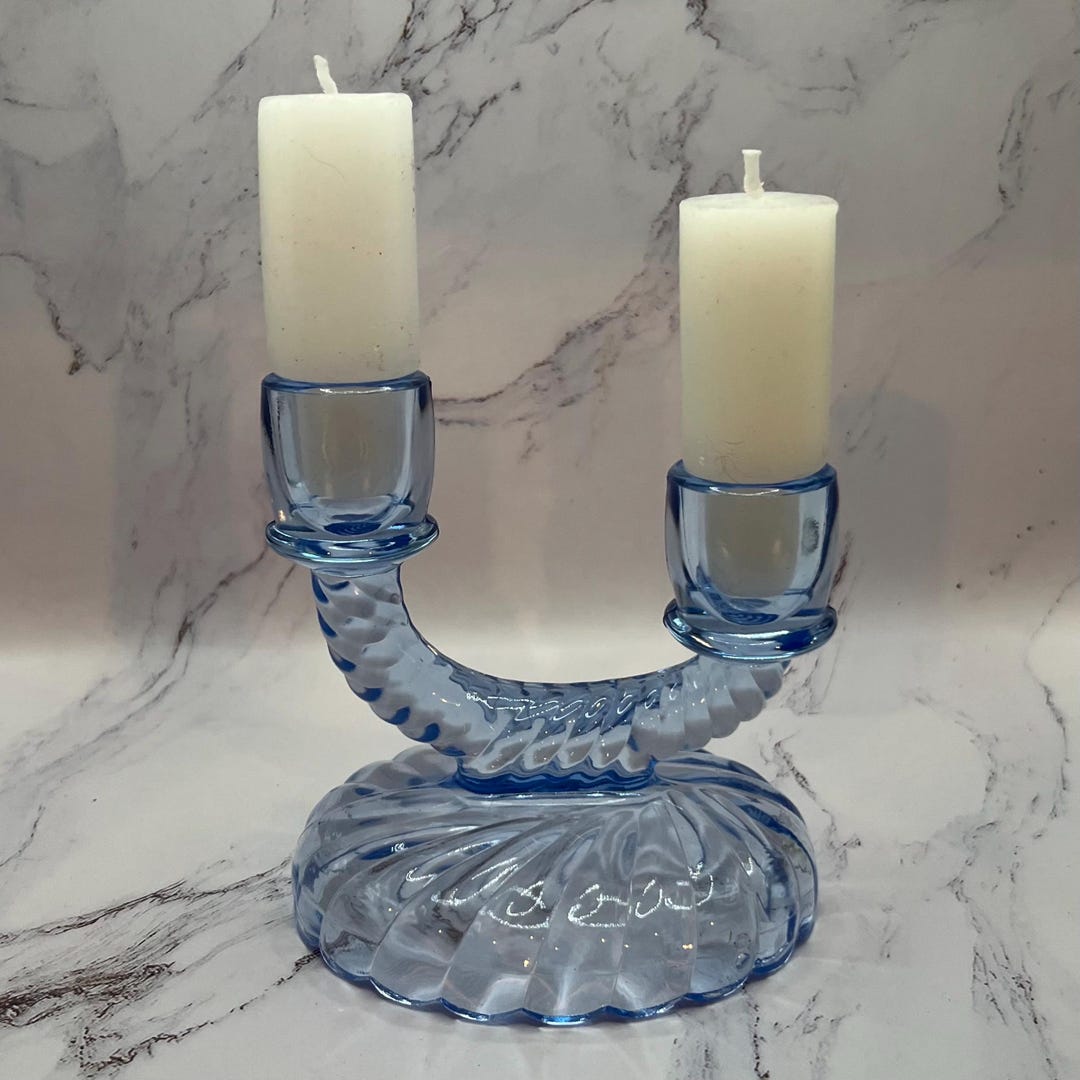 Imperial Glass Vintage Double Clear Blue Aqua Candlestick Newbound Ice ...
