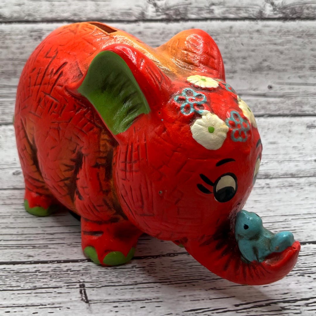 Vintage Chalkware Elephant Coin Bank, Orange MCM Decor, 1960s - Etsy
