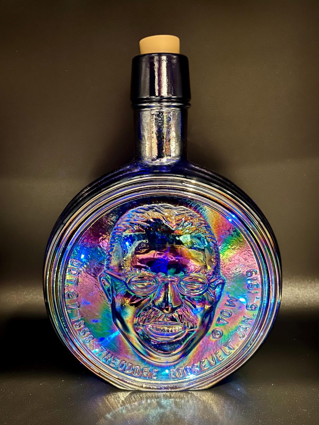 Vintage Wheaton Teddy Roosevelt Blue Carnival Glass Iridescent Cobalt ...