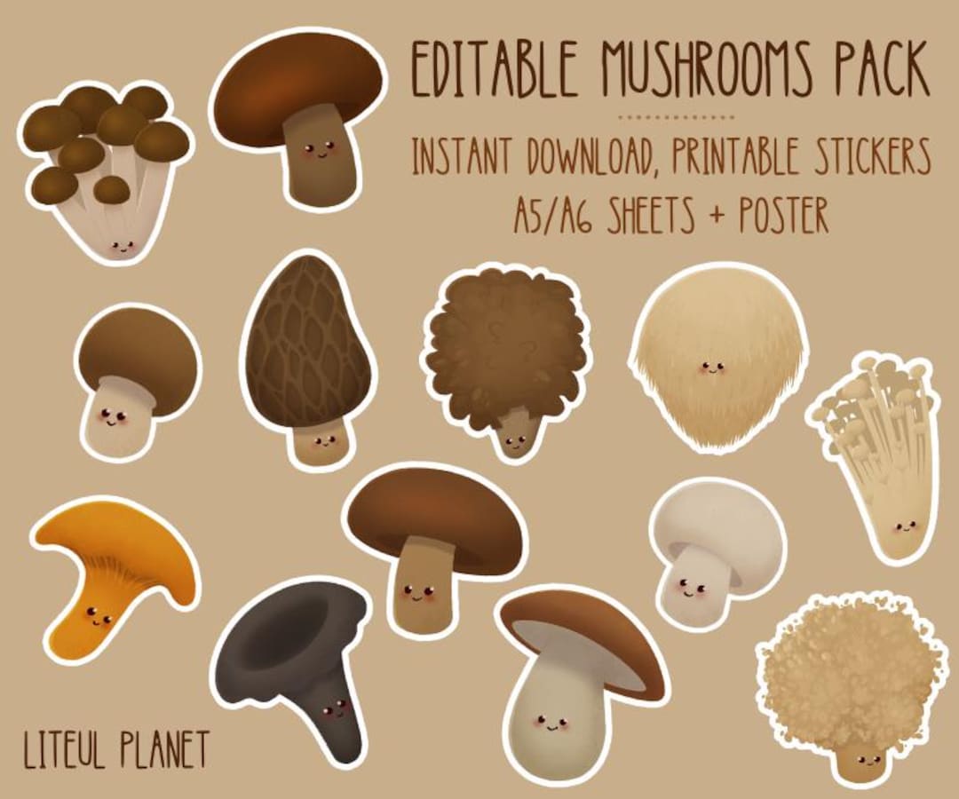 Cute Mushroom Stickers Printable – Kawaii Fungi Sticker Sheet A5 A6 ...