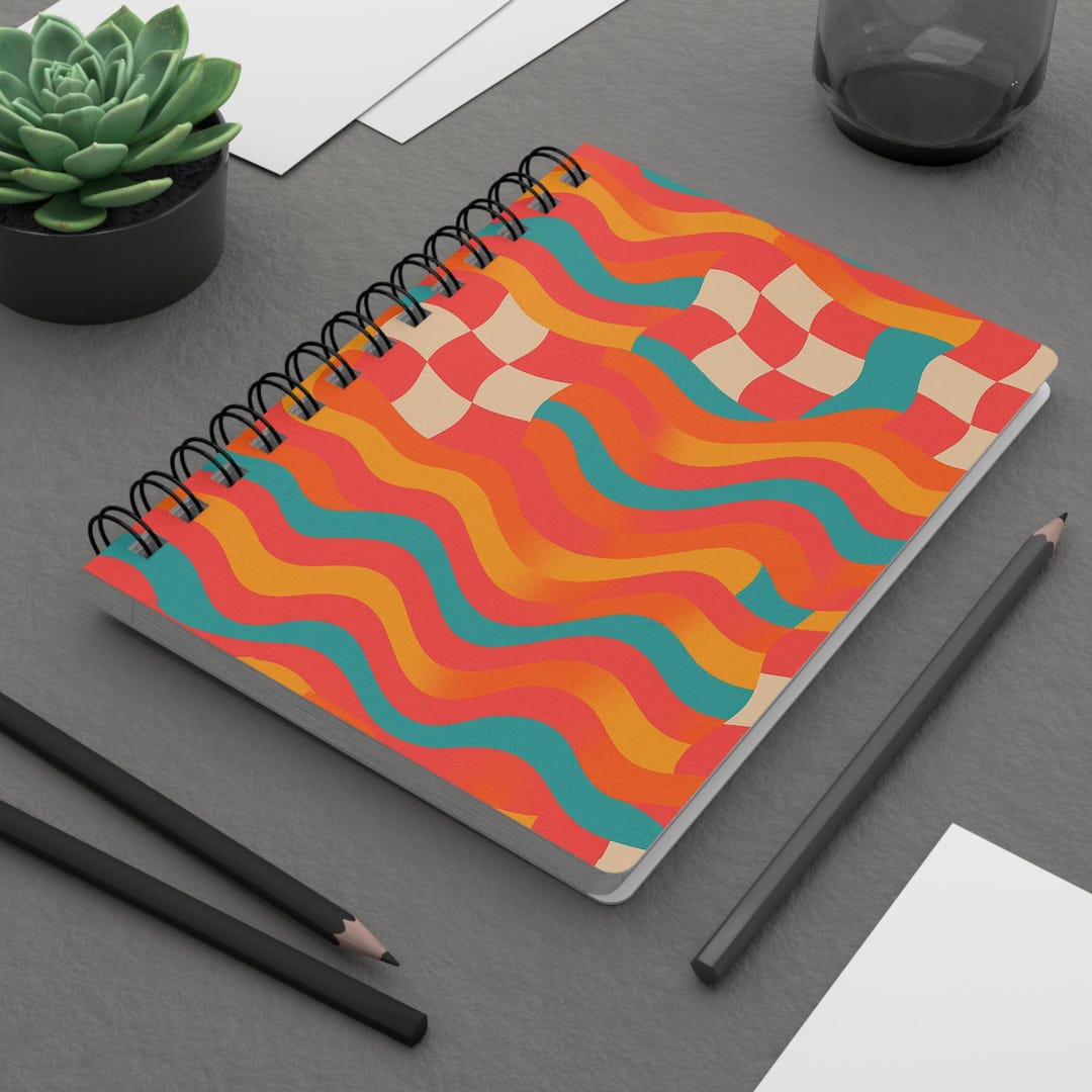 Retro Wavy Checker Pattern Spiral Notebook | Colorful Abstract Journal ...