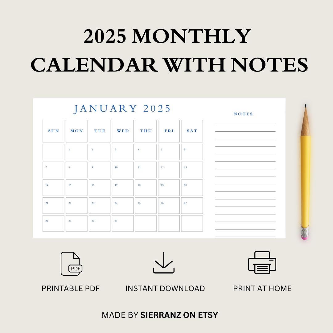 2025 Monthly Calendar With Notes - Etsy