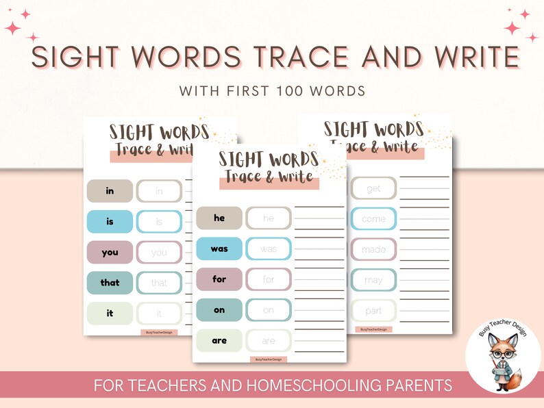 SIGHT WORDS Printable Writing Worksheets, First 100 Words, Reading and ...