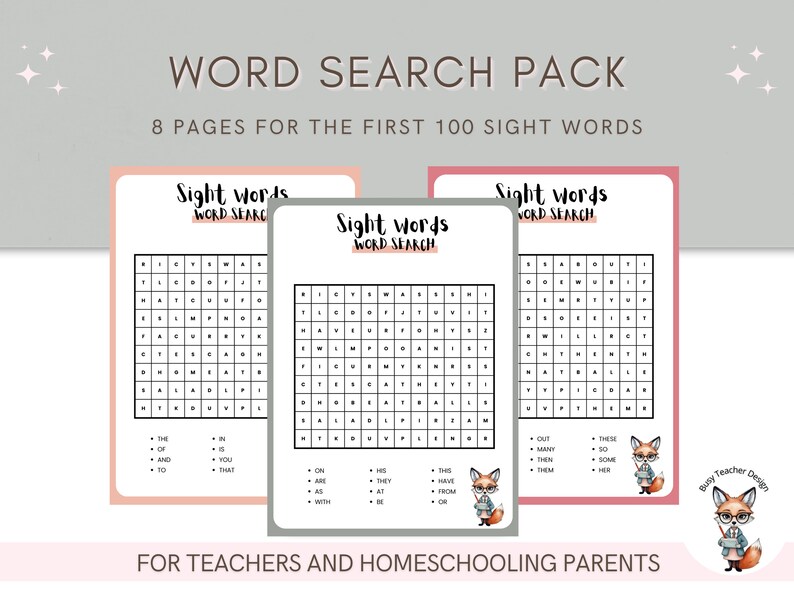 Printable SIGHT WORDS Word Search, First 100 Sight Words,fun Classroom ...